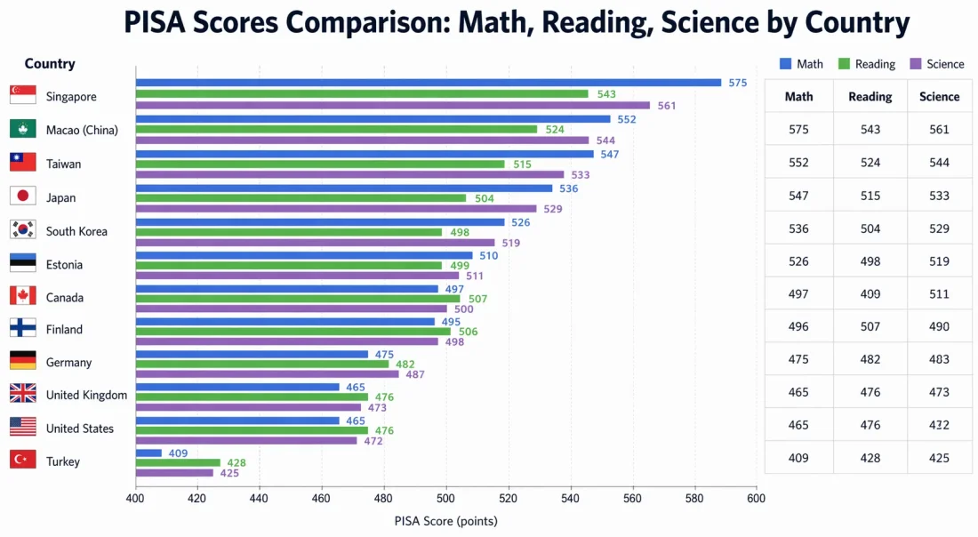 PISA Scores Comparison: Math, Reading, Science by Country